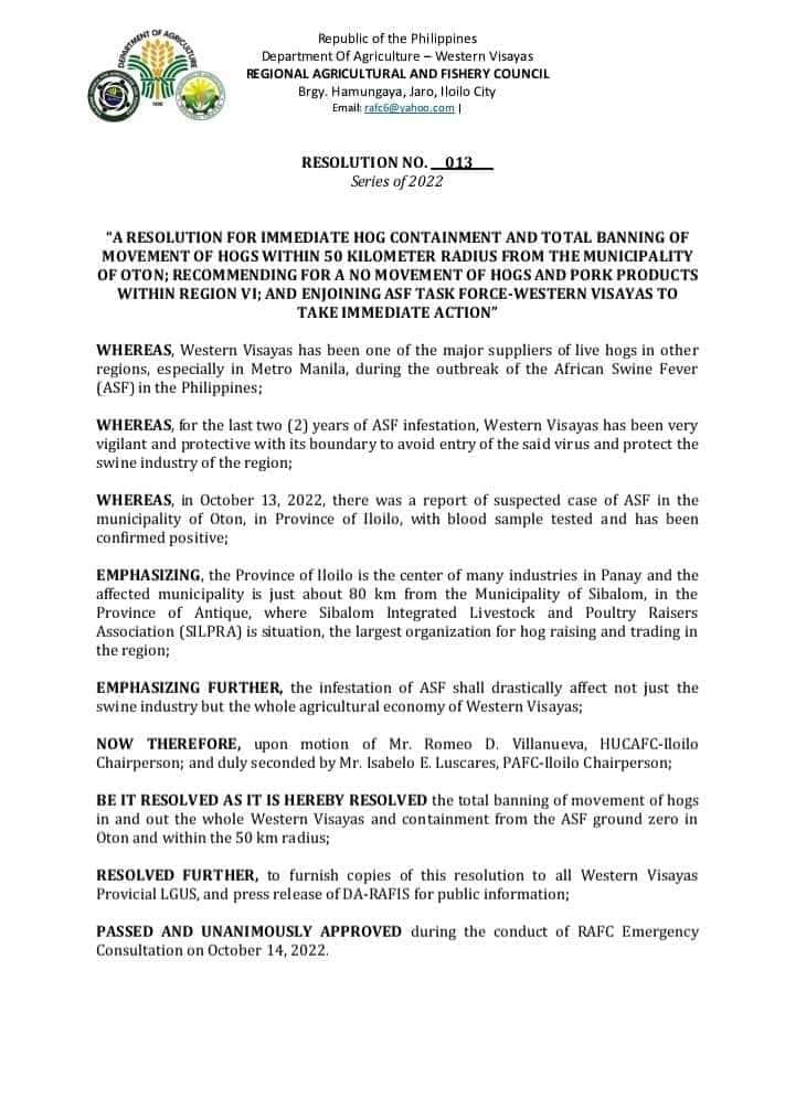 Resolution nga ginpaguwa sang DA-RAFC sa ASF, ginapabawi ni Iloilo Gov ...